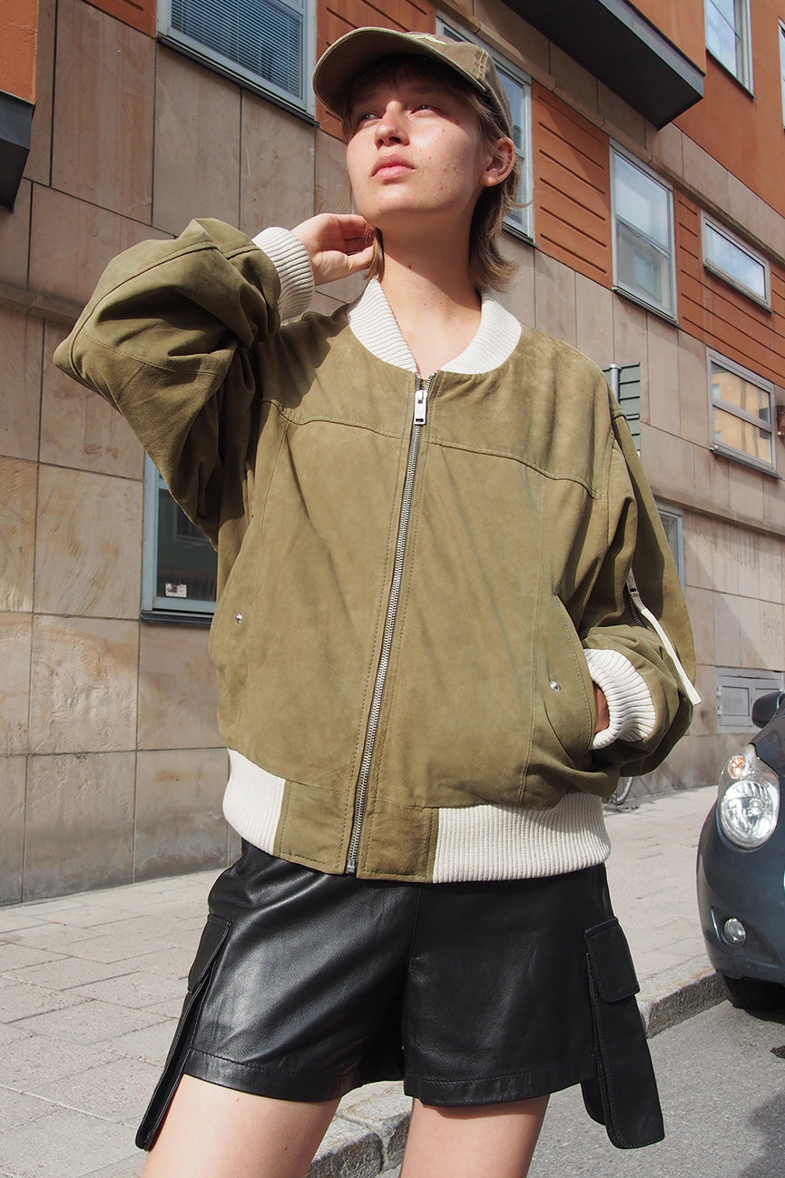 Women's Bofinger Hand-Dyed Army Green Suede Bomber Jacket | Deadwood ...
